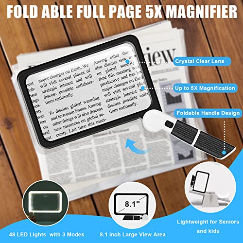 Arsir 7.3*4.4" Full-Page 5X Magnifying Glass for Reading, Large Folding Lighted Magnifier with 48 LED Lights (3Modes), Rectangular Handhold Magnify Lens Gifts for Seniors Reading Books, Prints -Black