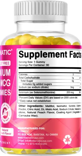 Vitamatic Yeast Free Selenium Gummies 200mcg as Selenomethionine Supplement Essential Trace Mineral with Superior Absorption 90 Pectin Based Gummies