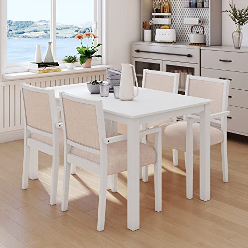 5 Piece Kitchen Dining Table Set, Wood Rectangular Dining Table with 4 Arm Upholstered Dining Chairs, Kitchen Room Table Set for 4 Persons (Beige)