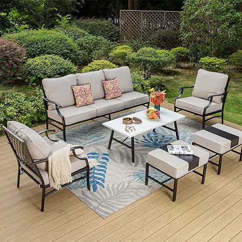 MIXPATIO Patio Furniture Set for 7 Person, 6 Pieces Outdoor Conversation Set, 3-Seat Sofa, 2 Single Chairs, 2 Ottoman, Metal Coffee Table with Marbling for Patio Lawn Garden Backyard Poolside