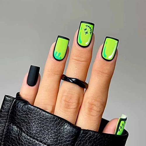 Foccna Comic Press on Nails Medium, Acrylic Fake Nails Square Cartoon False Nails Green,Artificial Nails for Women and Girls- 24 pcs 