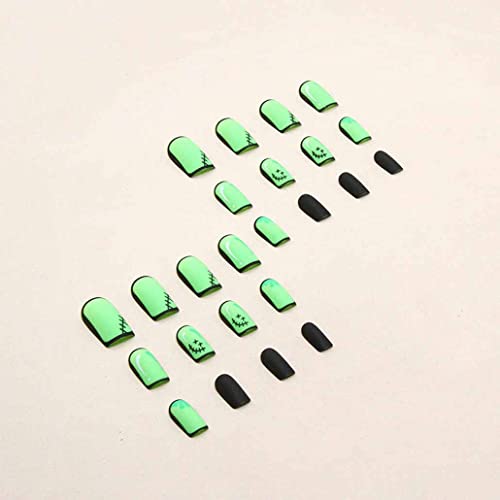 Foccna Comic Press on Nails Medium, Acrylic Fake Nails Square Cartoon False Nails Green,Artificial Nails for Women and Girls- 24 pcs 