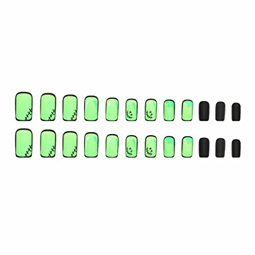 Foccna Comic Press on Nails Medium, Acrylic Fake Nails Square Cartoon False Nails Green,Artificial Nails for Women and Girls- 24 pcs 