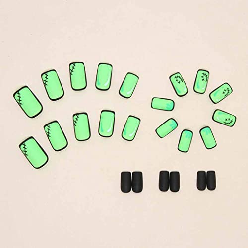 Foccna Comic Press on Nails Medium, Acrylic Fake Nails Square Cartoon False Nails Green,Artificial Nails for Women and Girls- 24 pcs 