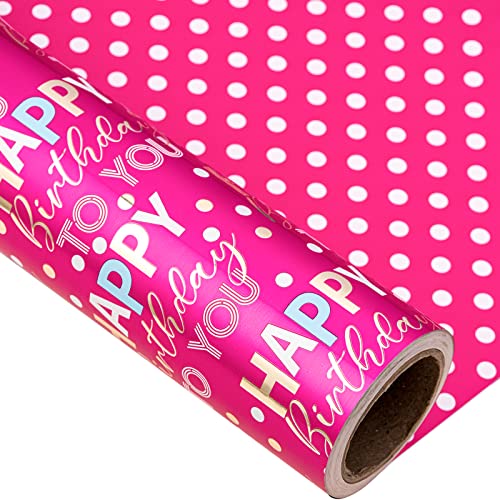 MAYPLUSS Reversible Birthday Wrapping Paper Roll - Mini Roll - 17.3 Inch X 32.8 Feet - Rose Red Birthday Text with Glitter Metallic Foil Design (47.3 sq.ft.ttl)