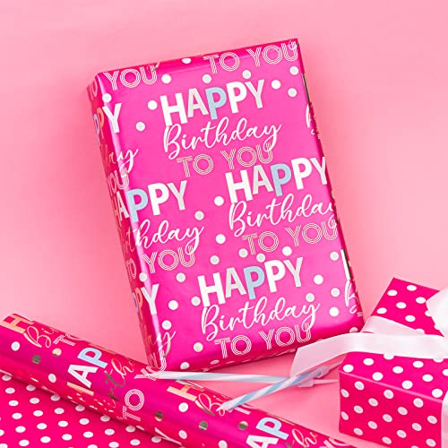 MAYPLUSS Reversible Birthday Wrapping Paper Roll - Mini Roll - 17.3 Inch X 32.8 Feet - Rose Red Birthday Text with Glitter Metallic Foil Design (47.3 sq.ft.ttl)