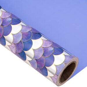 maypluss reversible wrapping paper roll - mini roll - 17.3 inch x 32.8 feet - purple mermaid with glitter metallic foil design (47.3 sq.ft.ttl)