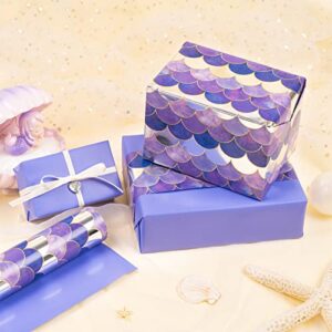 MAYPLUSS Reversible Wrapping Paper Roll - Mini Roll - 17.3 Inch X 32.8 Feet - Purple Mermaid with Glitter Metallic Foil Design (47.3 sq.ft.ttl)