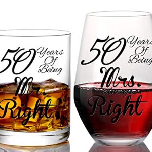 50th Wedding Anniversary - 50th Wedding Gifts for Dad, Mom, Husband, Wife, 50th Wedding Anniversary Decorations, 50th Gifts for Parents-Wine&Whiskey Glass Gift for Mr and Mrs,His and Hers18.5,13.8OZ