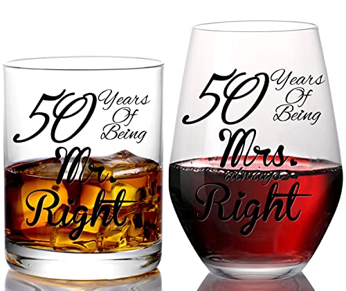 50th Wedding Anniversary - 50th Wedding Gifts for Dad, Mom, Husband, Wife, 50th Wedding Anniversary Decorations, 50th Gifts for Parents-Wine&Whiskey Glass Gift for Mr and Mrs,His and Hers18.5,13.8OZ