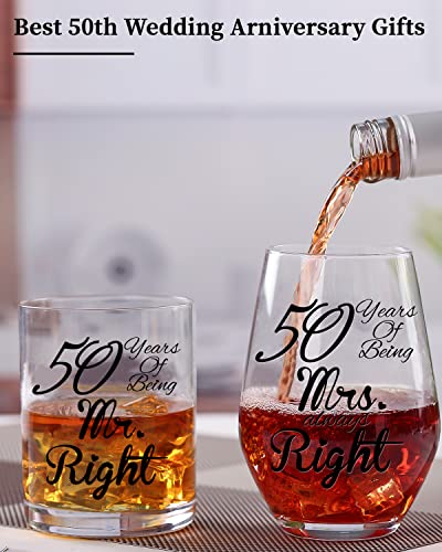 50th Wedding Anniversary - 50th Wedding Gifts for Dad, Mom, Husband, Wife, 50th Wedding Anniversary Decorations, 50th Gifts for Parents-Wine&Whiskey Glass Gift for Mr and Mrs,His and Hers18.5,13.8OZ