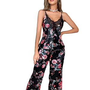 WDIRARA Women's Satin Pajamas Floral Backless Camisole and Pants Summer Pj Lounge Set Black S