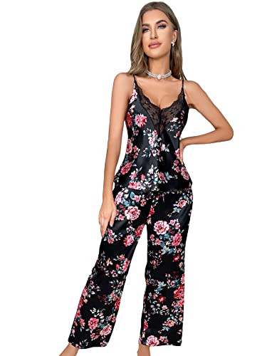 WDIRARA Women's Satin Pajamas Floral Backless Camisole and Pants Summer Pj Lounge Set Black S