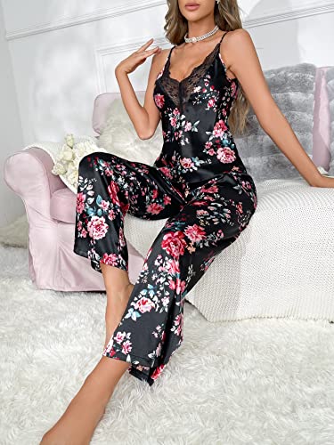 WDIRARA Women's Satin Pajamas Floral Backless Camisole and Pants Summer Pj Lounge Set Black S