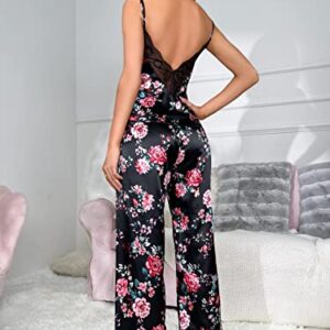 WDIRARA Women's Satin Pajamas Floral Backless Camisole and Pants Summer Pj Lounge Set Black S