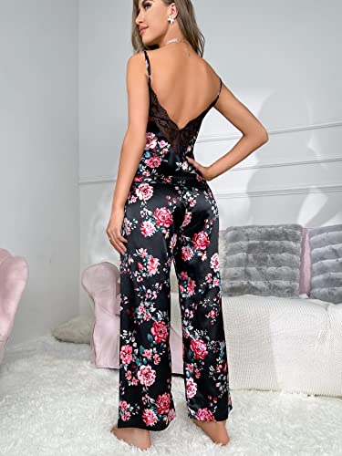 WDIRARA Women's Satin Pajamas Floral Backless Camisole and Pants Summer Pj Lounge Set Black S