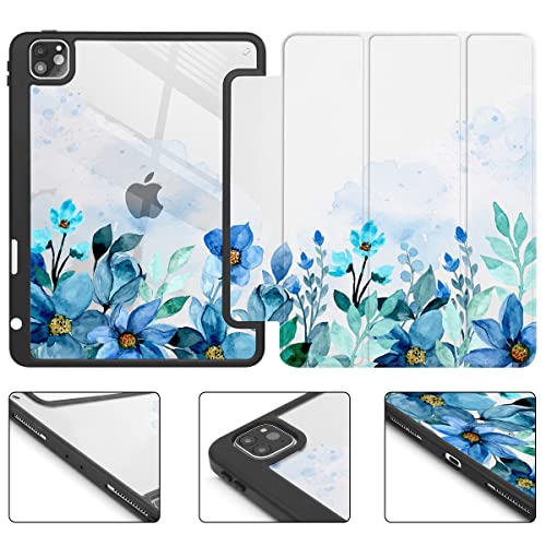 Lepeoac Designed for iPad Pro 12.9 Inch (2022/2021/2020/2018, 6th/5th/4th/3st Generation) with Transparent Shockproof Back Cover [Built-in Pencil Holder] Auto Sleep/Wake, Blue Flower