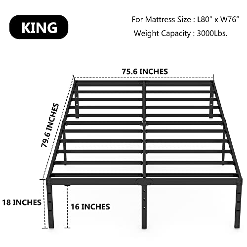 HOBINCHE 18 Inch Metal King Size Bed Frame No Box Spring Needed - Easy Assembly Heavy Duty Noise Free Narrow Bedframes - Double Black Basic Anti Squeak Steel Slats Platform with Storage