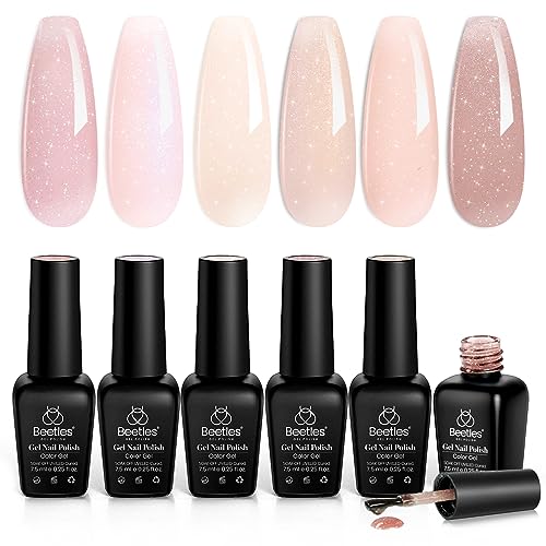 beetles Gel Polish 6 Pcs Jelly Shimmer Giltter Nails Lady with Dreams Collection Transparent Pink Biege Gel Nail Art Soak Off Nail Uv Lamp Needed Diy Neutral Nail Art Manicure