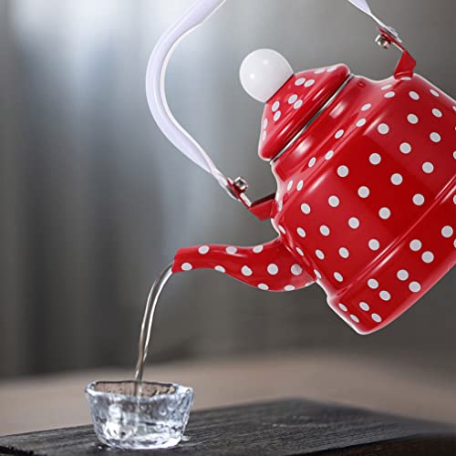 BESTonZON Grandma Gifts Enamel Tea Kettle Stovetop Teapot Polka Dot Enamel on Steel Tea Kettle Water Pot Whistling Tea Kettle with Cool Touch Handle for Home Outdoor 2.5L Red Tea Infuser