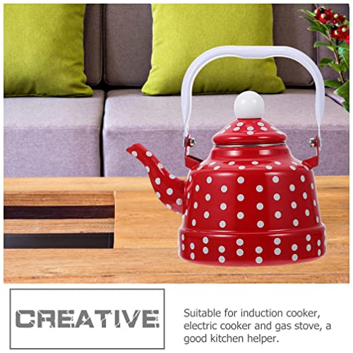 BESTonZON Grandma Gifts Enamel Tea Kettle Stovetop Teapot Polka Dot Enamel on Steel Tea Kettle Water Pot Whistling Tea Kettle with Cool Touch Handle for Home Outdoor 2.5L Red Tea Infuser