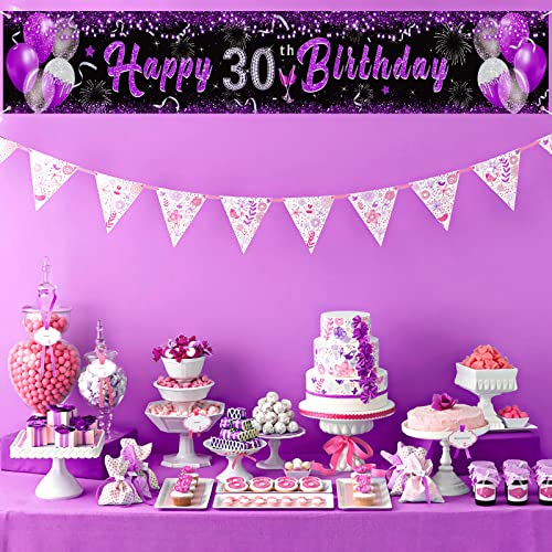 Purple 30th Birthday Decorations for Women, Black Purple Silver Happy 30th Birthday Yard Banner Purple 30th Birthday Yard Sign for 30th Birthday Anniversary Party Supplies Indoor Outdoor Decor