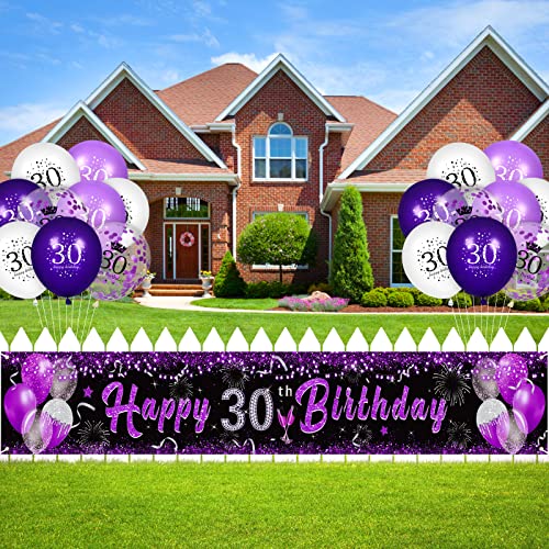 Purple 30th Birthday Decorations for Women, Black Purple Silver Happy 30th Birthday Yard Banner Purple 30th Birthday Yard Sign for 30th Birthday Anniversary Party Supplies Indoor Outdoor Decor