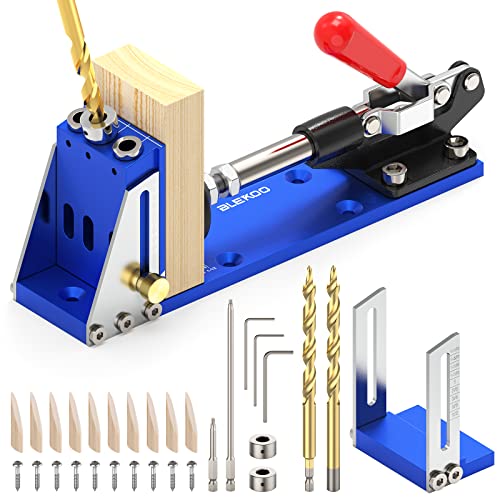 BLEKOO Upgraded Pocket Hole Jig Tool Kit, Pocket Hole Drill Guide Jig Set for 15° Angled Holes, All-Metal Pocket Screw Jig