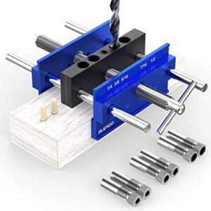 blekoo upgraded 6.7 inch self centering doweling jig kit, drill jig for straight holes biscuit joiner set with 6 drill guide bushings, adjustable width drilling guide power tool accessory jigs (blue)