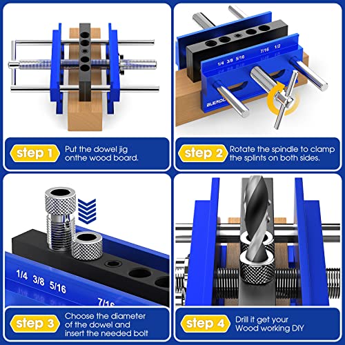 BLEKOO Upgraded 6.7 inch Self Centering Doweling Jig Kit, Drill Jig For Straight Holes Biscuit Joiner Set With 6 Drill Guide Bushings, Adjustable Width Drilling Guide Power Tool Accessory Jigs (Blue)