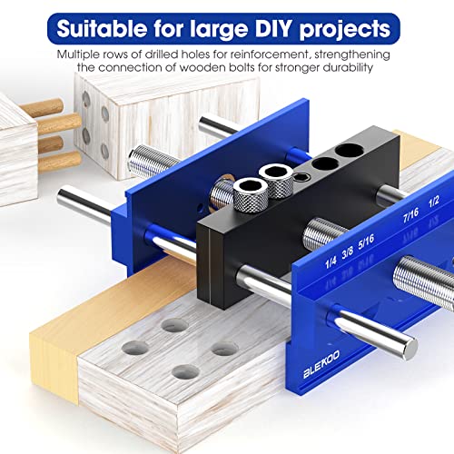 BLEKOO Upgraded 6.7 inch Self Centering Doweling Jig Kit, Drill Jig For Straight Holes Biscuit Joiner Set With 6 Drill Guide Bushings, Adjustable Width Drilling Guide Power Tool Accessory Jigs (Blue)