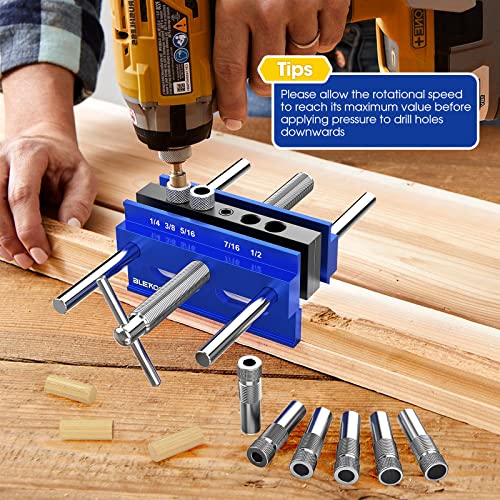 BLEKOO Upgraded 6.7 inch Self Centering Doweling Jig Kit, Drill Jig For Straight Holes Biscuit Joiner Set With 6 Drill Guide Bushings, Adjustable Width Drilling Guide Power Tool Accessory Jigs (Blue)