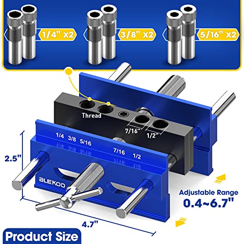 BLEKOO Upgraded 6.7 inch Self Centering Doweling Jig Kit, Drill Jig For Straight Holes Biscuit Joiner Set With 6 Drill Guide Bushings, Adjustable Width Drilling Guide Power Tool Accessory Jigs (Blue)