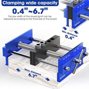 BLEKOO Upgraded 6.7 inch Self Centering Doweling Jig Kit, Drill Jig For Straight Holes Biscuit Joiner Set With 6 Drill Guide Bushings, Adjustable Width Drilling Guide Power Tool Accessory Jigs (Blue)