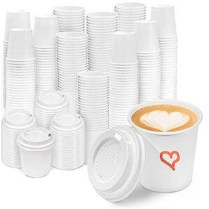 [100 pack] 4 oz disposable paper coffee cups with white lids, espresso paper cups with lids, to go coffee cups for hot and cold beverage, on the go cups for espresso, hot chocolate, cortado, macchiato