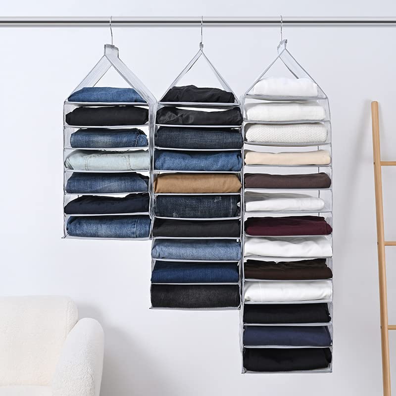 Rayeeley Hanging Closet Shelf, Upgrated Separable Wardrobe Clothes Organizer for Clothing, Foldable Closet Organizers Sturdy PP Board for Jeans Legging T-Shirts (Grey 12 Tier)