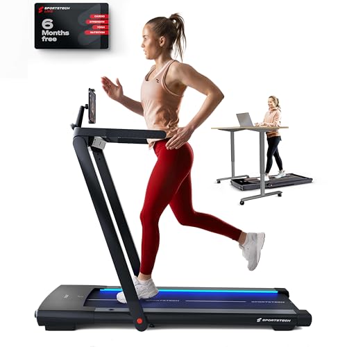 Sportstech 2 in 1 Treadmill + Walking Pad, Slim Portable Under Desk for Home & Office, Remote Control & Tablet Holder, Heart Rate LED Pulse, Fitness Live Workout App, Compact Folding, No Installation