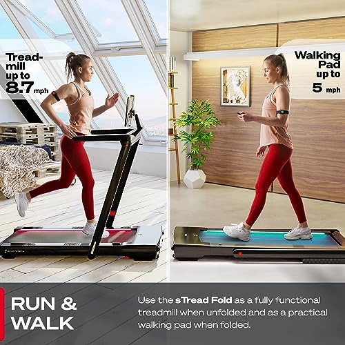 Sportstech 2 in 1 Treadmill + Walking Pad, Slim Portable Under Desk for Home & Office, Remote Control & Tablet Holder, Heart Rate LED Pulse, Fitness Live Workout App, Compact Folding, No Installation