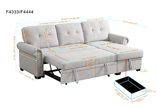 Alexent 3-Seat Classic Modern Fabric Sleeper Sectional Sofa Bed with Pull-Out Bed, Storage Chaise Lounge, Space Saving for Apartment, Living Room, Home Office, Guest Room -Dark Grey