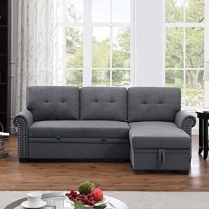 Alexent 3-Seat Classic Modern Fabric Sleeper Sectional Sofa Bed with Pull-Out Bed, Storage Chaise Lounge, Space Saving for Apartment, Living Room, Home Office, Guest Room -Dark Grey