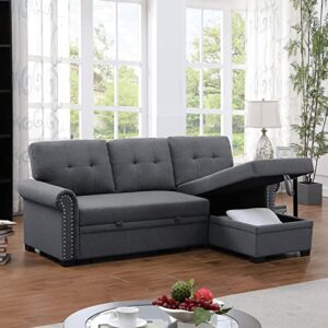 Alexent 3-Seat Classic Modern Fabric Sleeper Sectional Sofa Bed with Pull-Out Bed, Storage Chaise Lounge, Space Saving for Apartment, Living Room, Home Office, Guest Room -Dark Grey