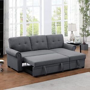 Alexent 3-Seat Classic Modern Fabric Sleeper Sectional Sofa Bed with Pull-Out Bed, Storage Chaise Lounge, Space Saving for Apartment, Living Room, Home Office, Guest Room -Dark Grey