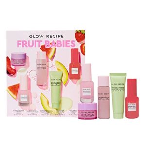 glow recipe - fruit babies bestsellers kit - mini travel size beauty essentials - avocado foam cleanser, niacinamide dew drops serum, pore-tight toner, salicylic serum, hyaluronic acid cream (5 count)