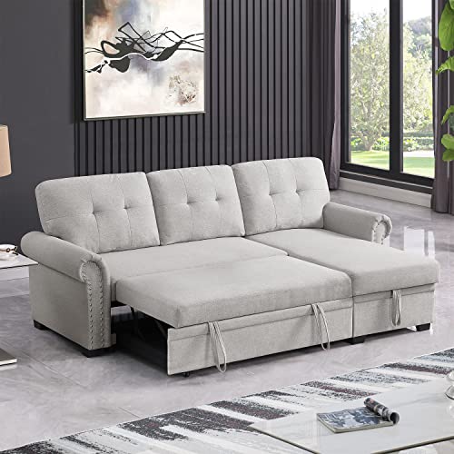 Alexent 3-Seat Classic Fabric Convertible Sleeper Sectional Sofa with Pull-Out Bed, Storage Chaise Lounge Space Saving for Apartment, Living Room, Home Office, Guest Room -Light Gray