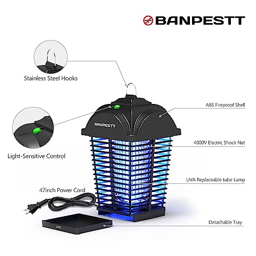 BANPESTT Bug Zapper Outdoor/Indoor with Dusk-to-Dawn Light Sensor, IPX4 Waterproof Fly Zapper, Electric Mosquito Zapper, Insect Trap, Mosquito Killer, 90-130V (Black)