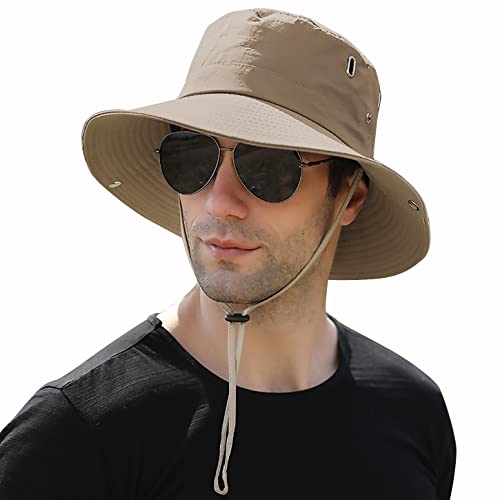 Muryobao Men Sun Hat Summer Wide Brim UPF 50+ UV Protection Bucket Cap Waterproof Foldable Boonie Hats for Safari Fishing Hiking Khaki