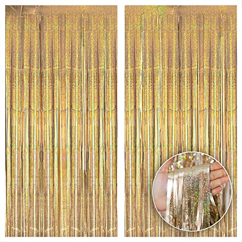 KatchOn, Champagne Gold Fringe Curtain Backdrop - Large, 6.4x8 Feet, Pack of 2 | Iridescent Gold Backdrop Curtain, Gold Streamers Party Decorations | Gold Curtain, New Years Eve Party Supplies 2024