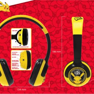 eKids Pokemon Pikachu Kids Bluetooth Headphones, Wireless Headphones with Microphone Includes Aux Cord, Volume Reduced Kids Foldable Headphones for School, Home, or Travel, Yellow