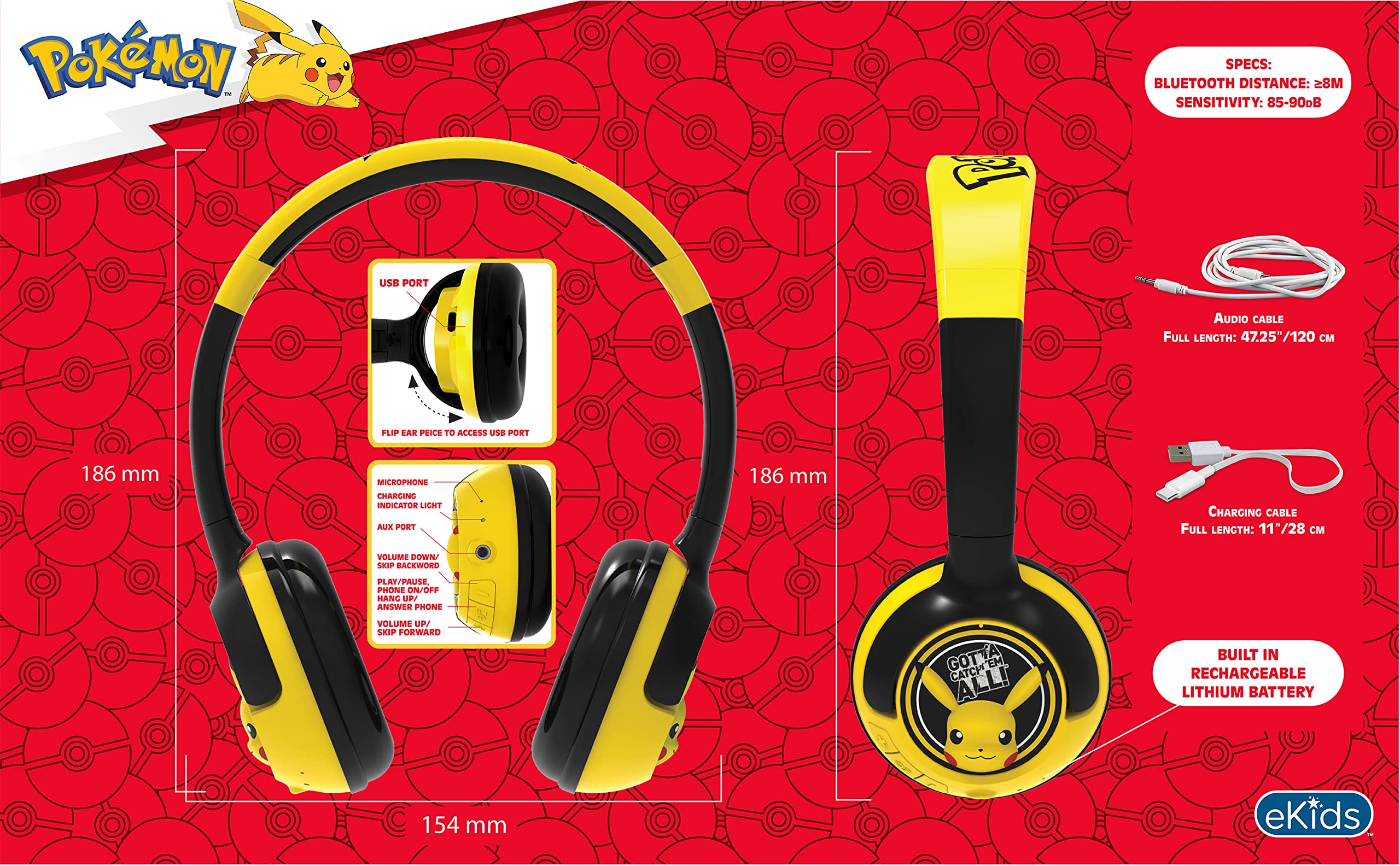 eKids Pokemon Pikachu Kids Bluetooth Headphones, Wireless Headphones with Microphone Includes Aux Cord, Volume Reduced Kids Foldable Headphones for School, Home, or Travel, Yellow