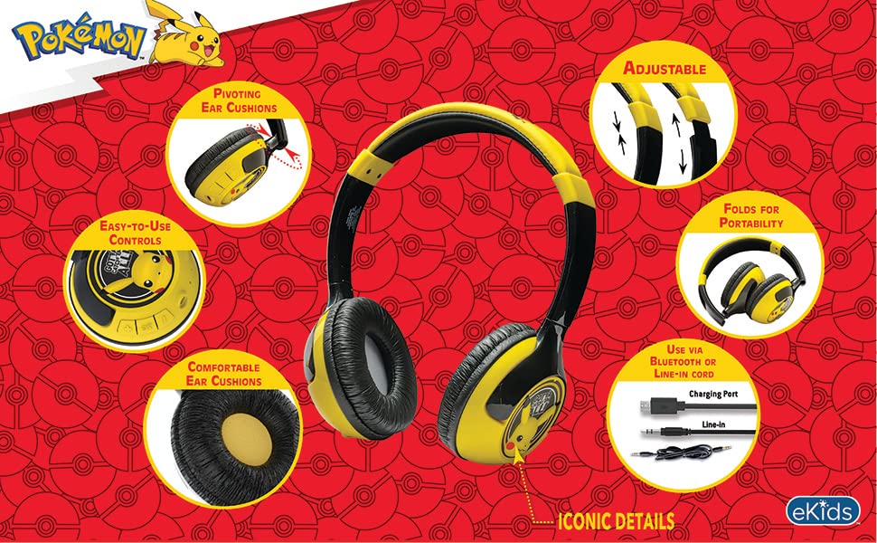 eKids Pokemon Pikachu Kids Bluetooth Headphones, Wireless Headphones with Microphone Includes Aux Cord, Volume Reduced Kids Foldable Headphones for School, Home, or Travel, Yellow